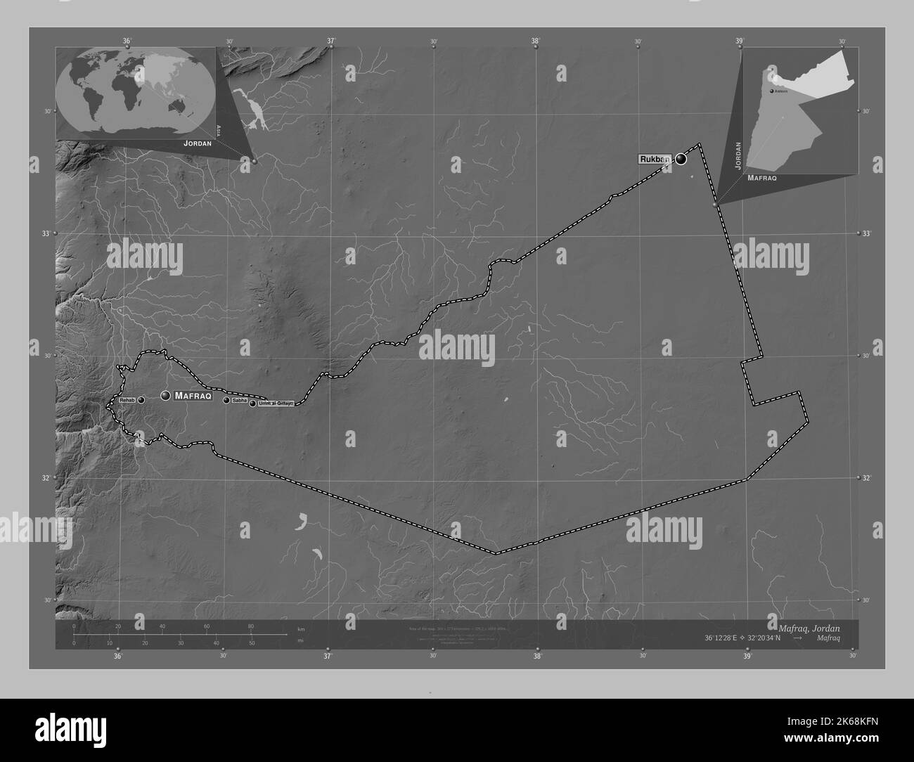 Mafraq, province of Jordan. Grayscale elevation map with lakes and ...