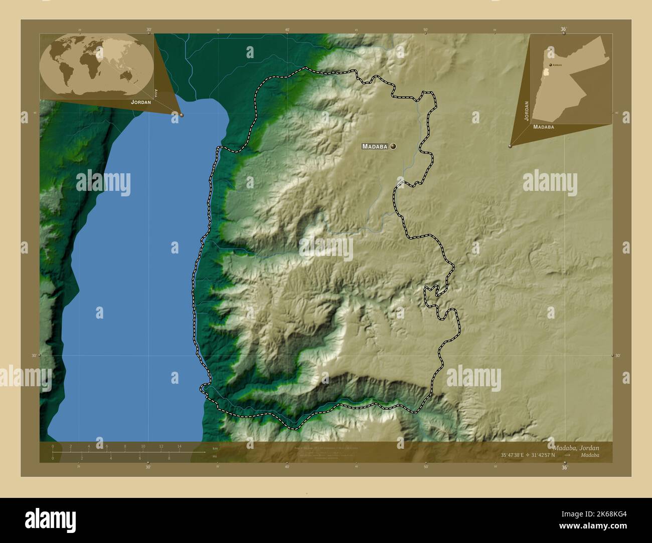 Madaba, province of Jordan. Colored elevation map with lakes and rivers ...