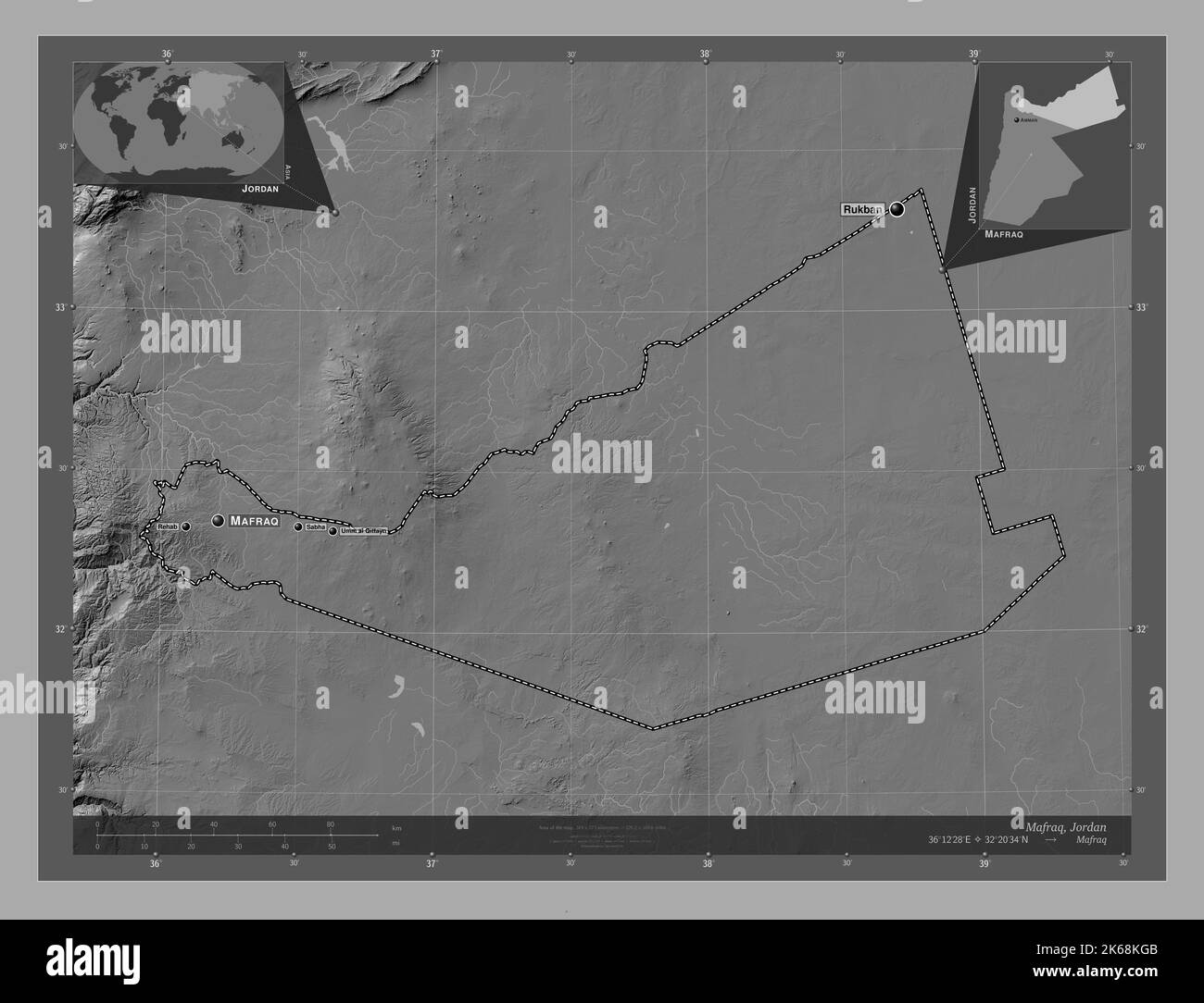 Mafraq, province of Jordan. Bilevel elevation map with lakes and rivers ...