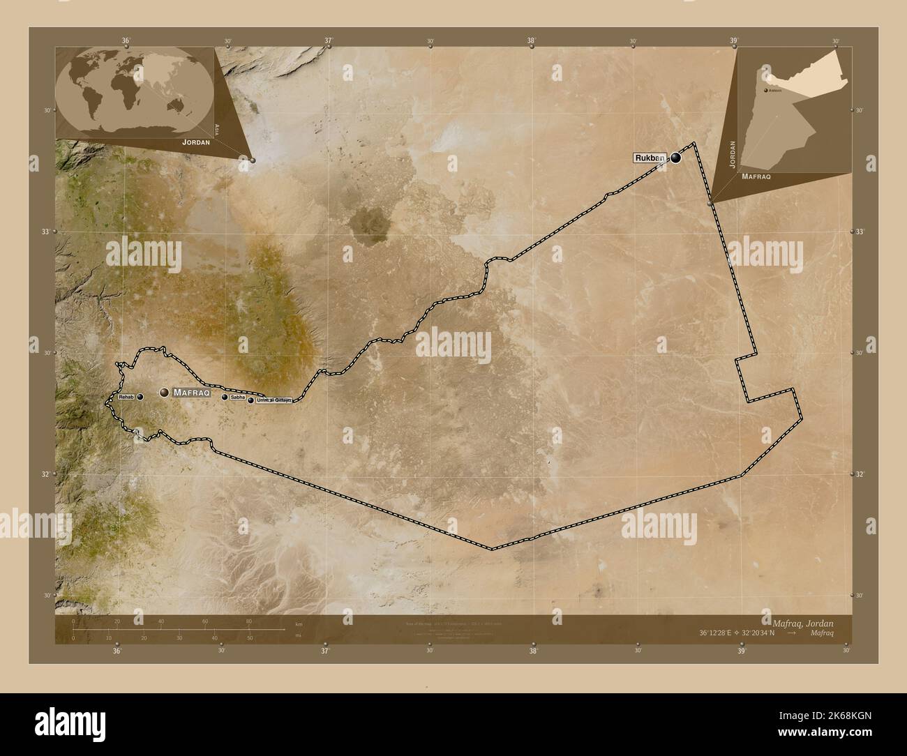 Mafraq, province of Jordan. Low resolution satellite map. Locations and ...