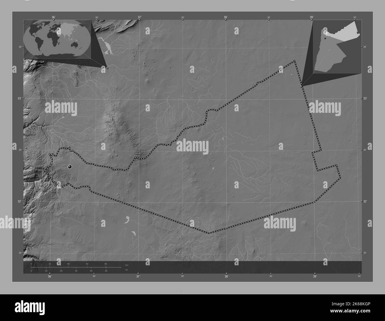 Mafraq, province of Jordan. Bilevel elevation map with lakes and rivers ...