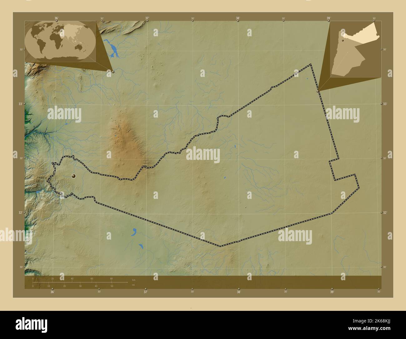 Mafraq, province of Jordan. Colored elevation map with lakes and rivers ...