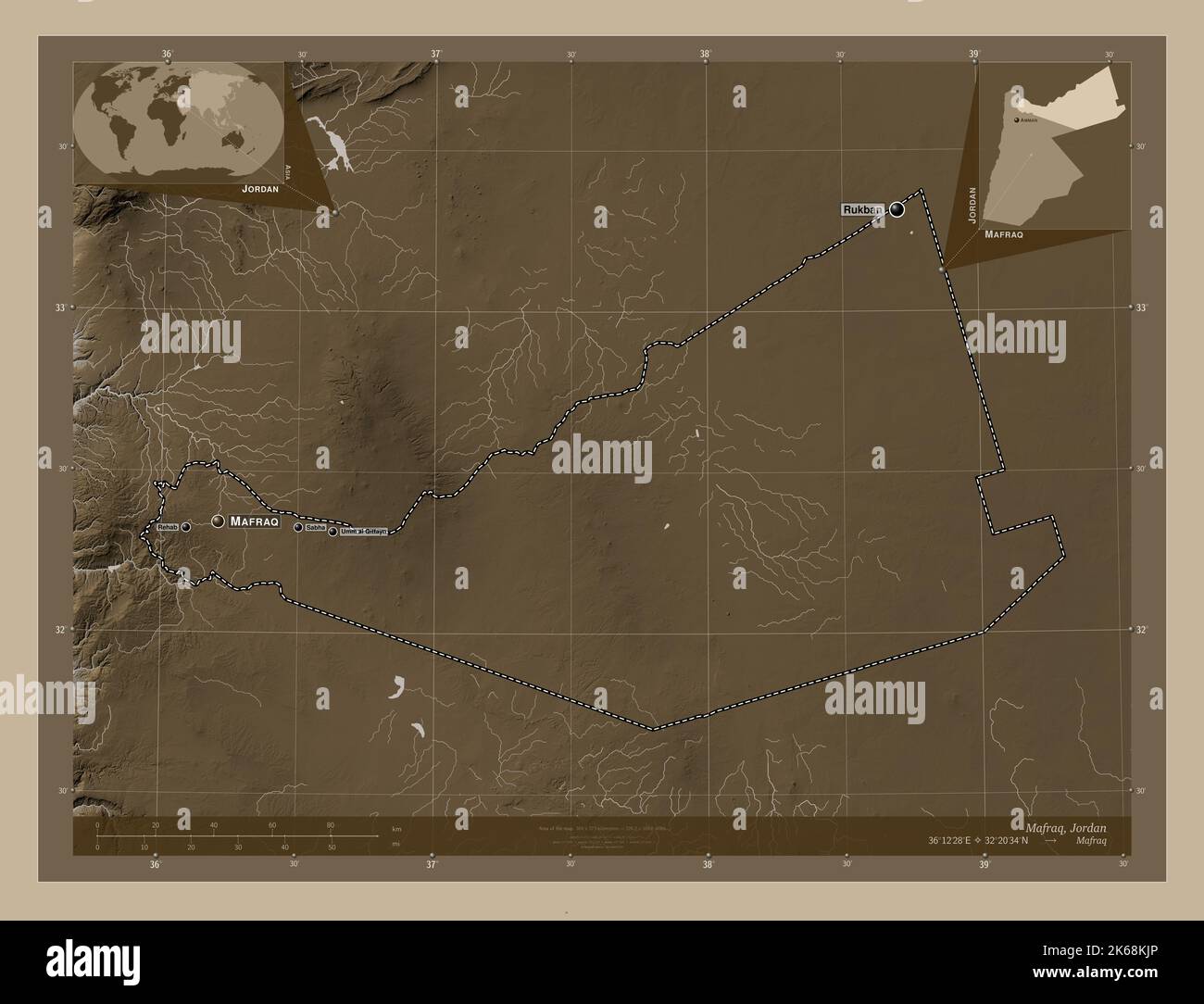Mafraq, province of Jordan. Elevation map colored in sepia tones with ...