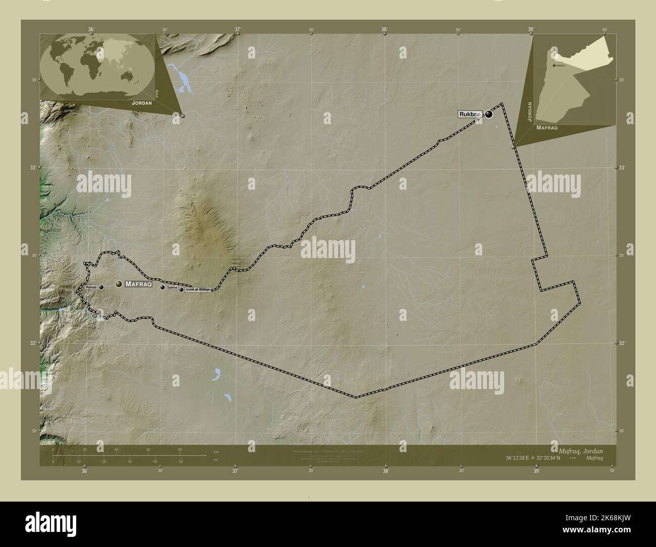 Mafraq, province of Jordan. Elevation map colored in wiki style with ...