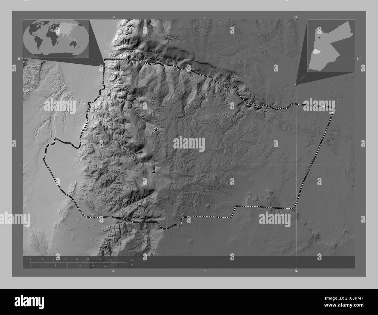 Tafilah, province of Jordan. Grayscale elevation map with lakes and ...
