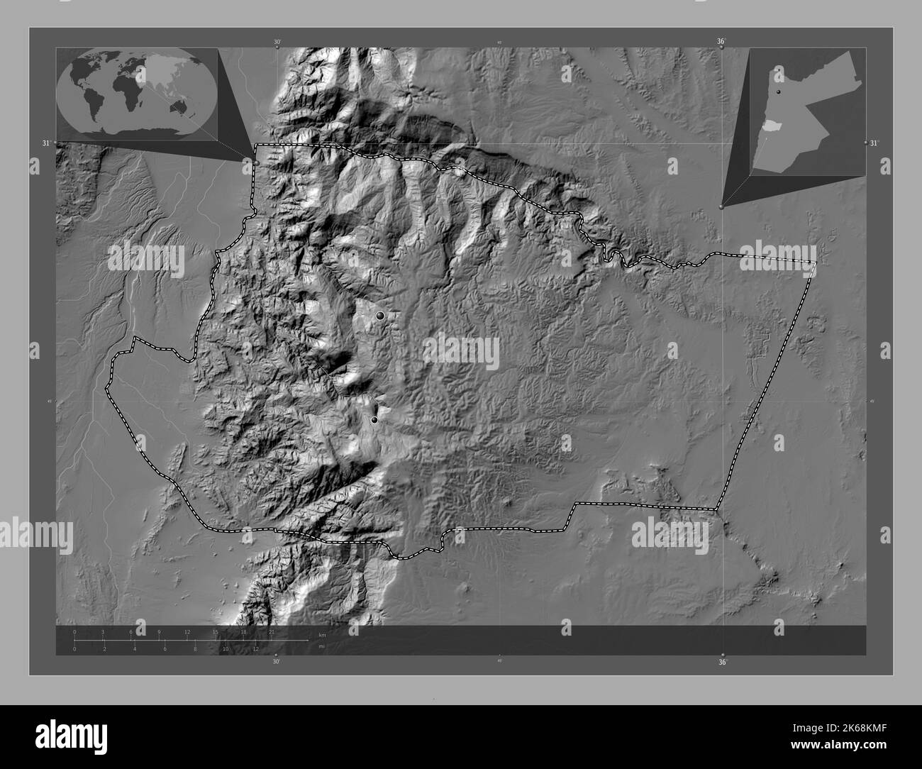 Tafilah, province of Jordan. Bilevel elevation map with lakes and ...