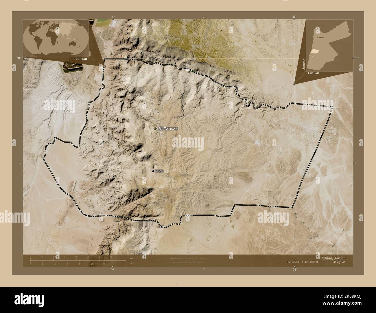 Tafilah, province of Jordan. Low resolution satellite map. Locations and names of major cities ...