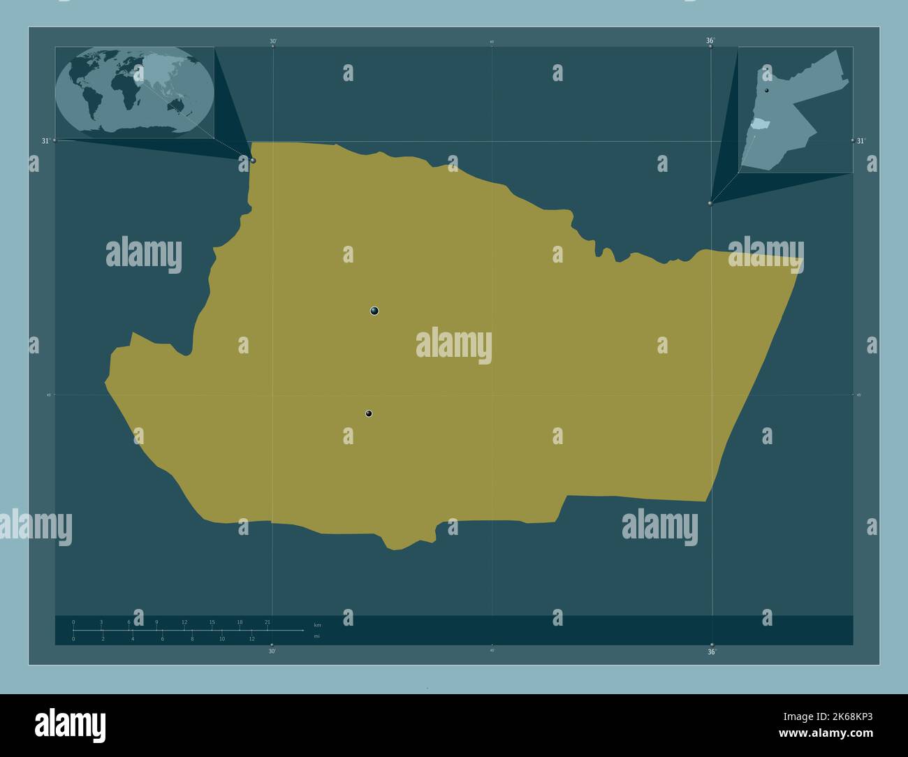 Tafilah, province of Jordan. Solid color shape. Locations of major cities of the region. Corner ...