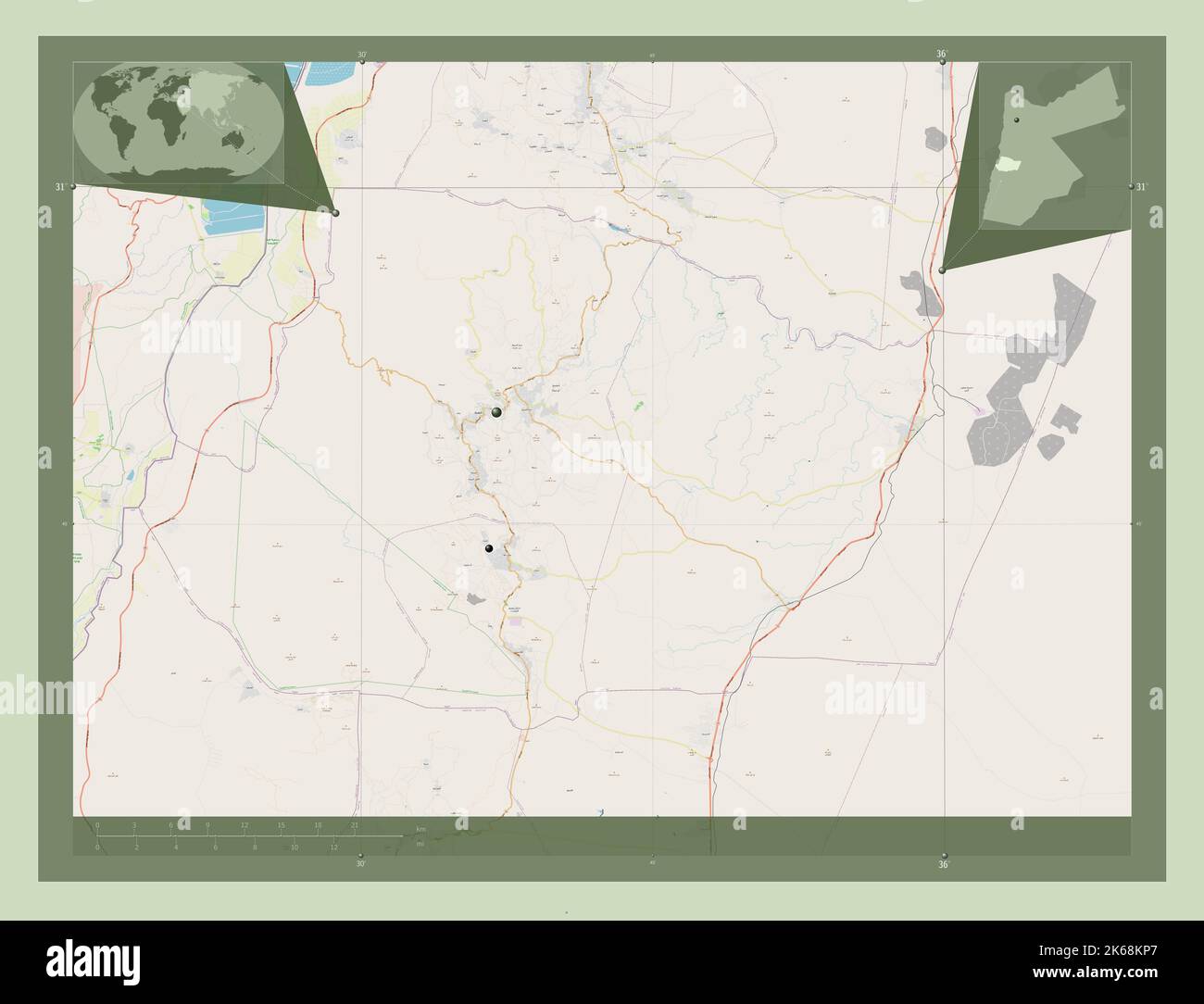 Tafilah, province of Jordan. Open Street Map. Locations of major cities of the region. Corner ...