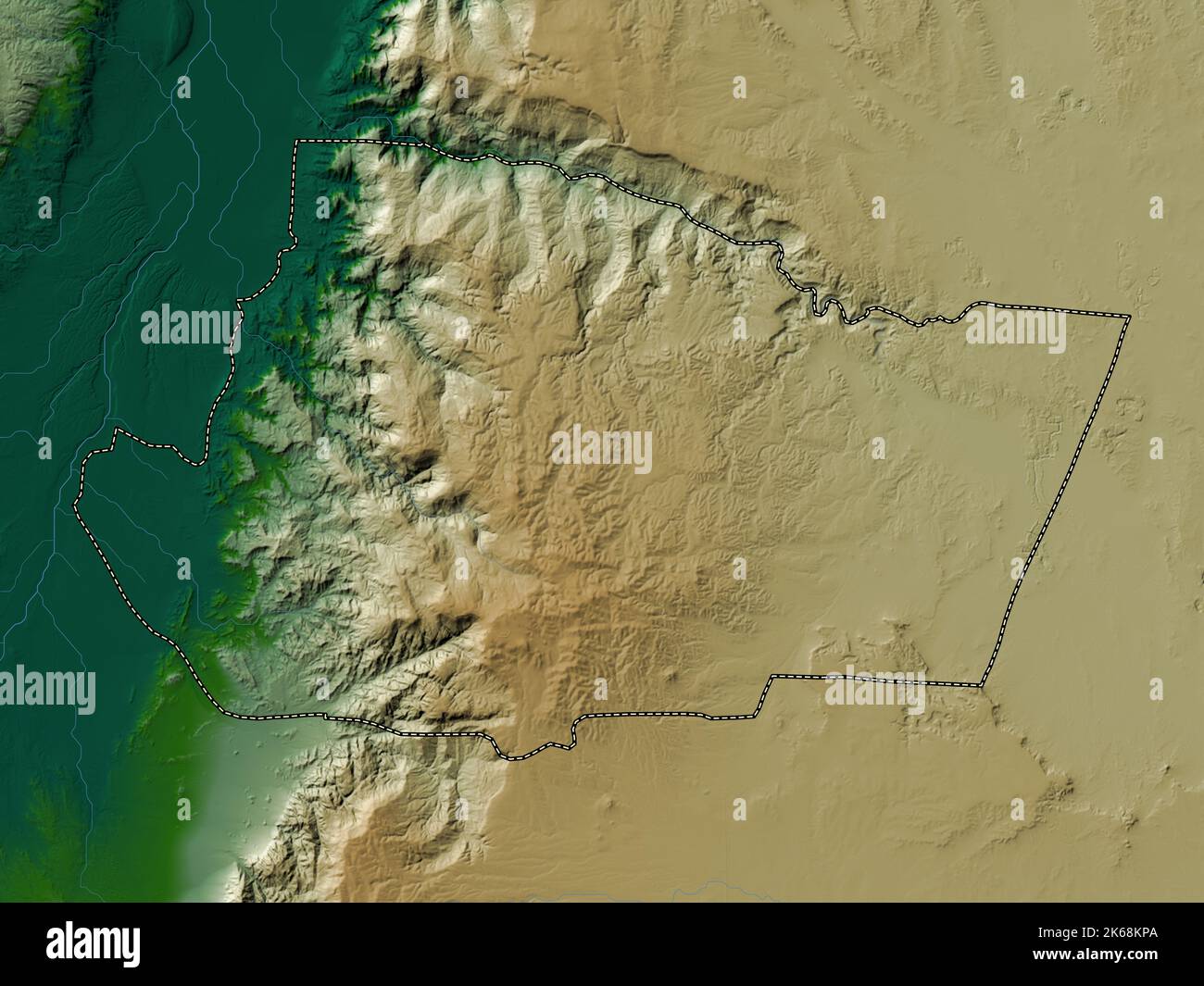 Tafilah, province of Jordan. Colored elevation map with lakes and ...