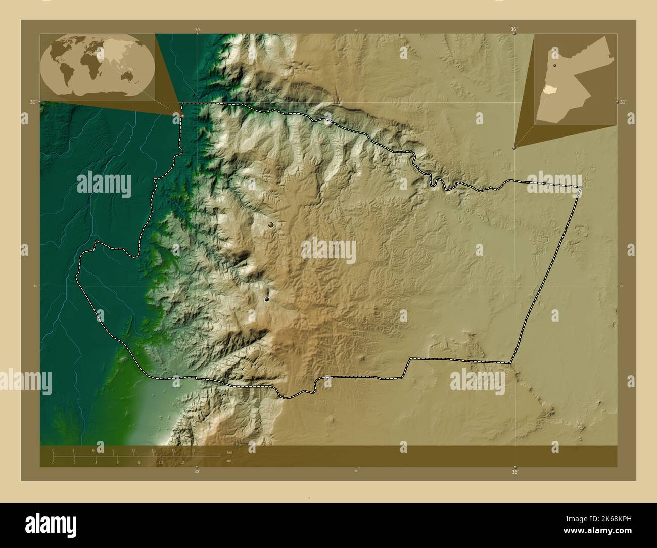 Tafilah, province of Jordan. Colored elevation map with lakes and ...