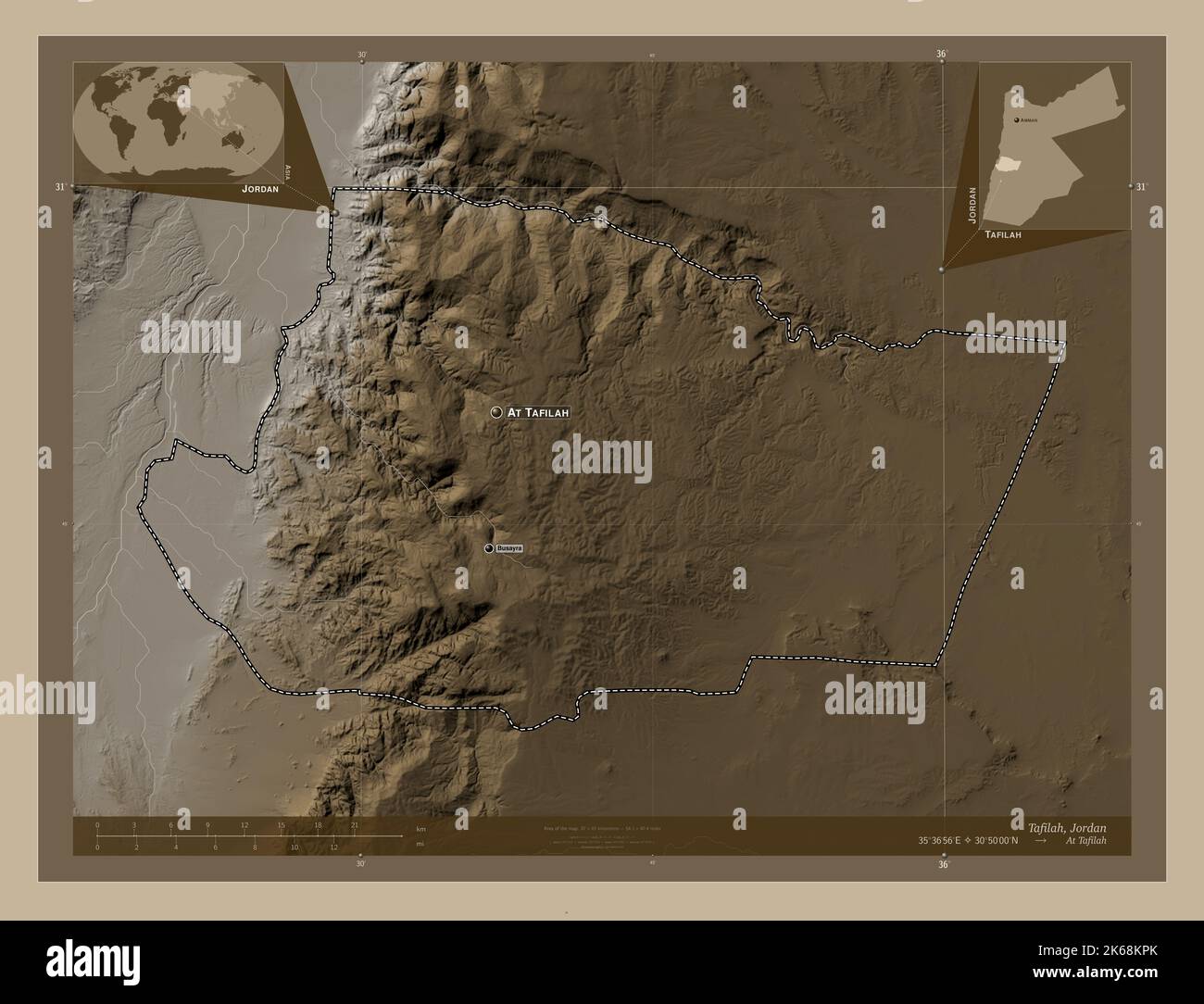 Tafilah, province of Jordan. Elevation map colored in sepia tones with ...