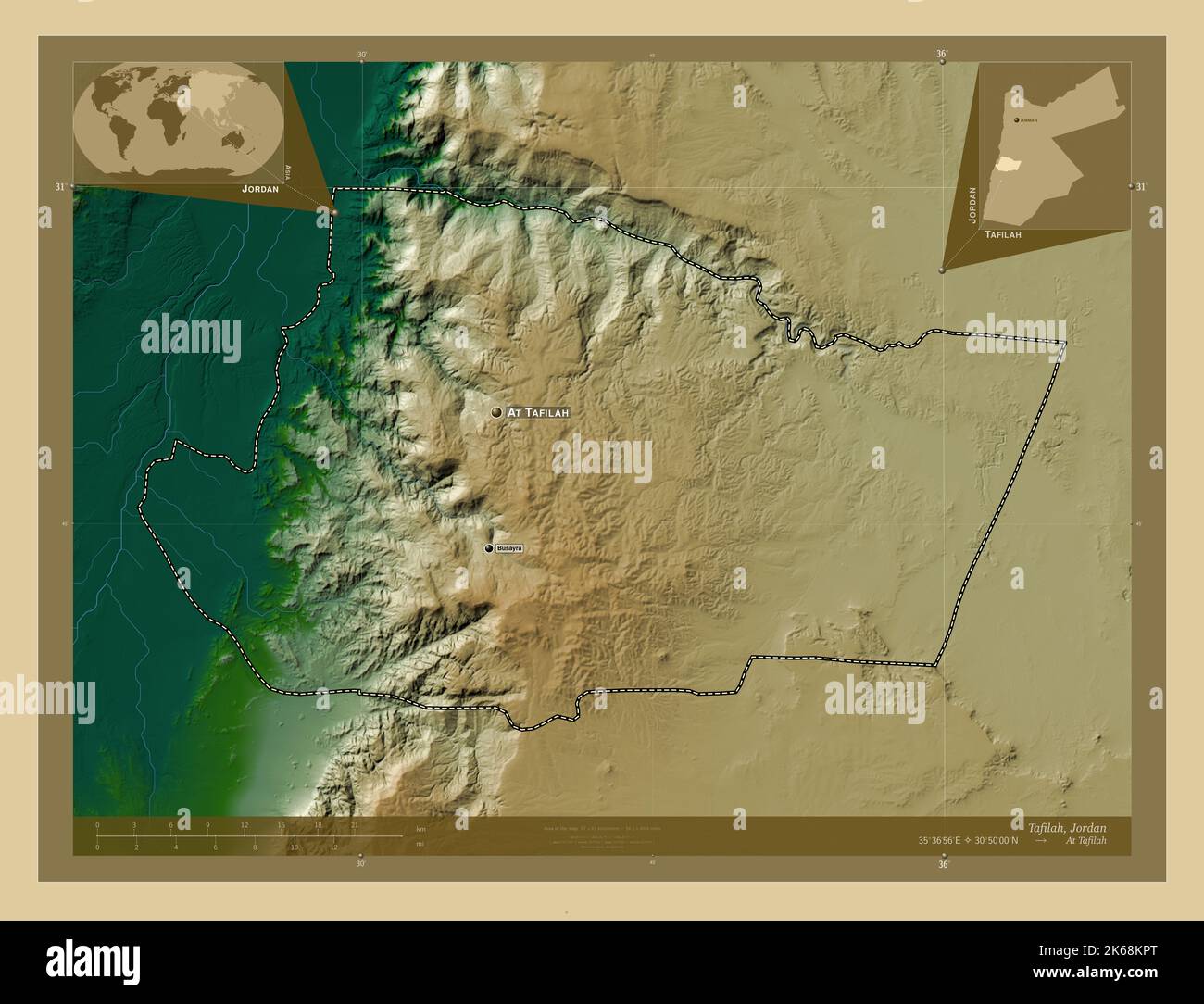 Tafilah, province of Jordan. Colored elevation map with lakes and ...