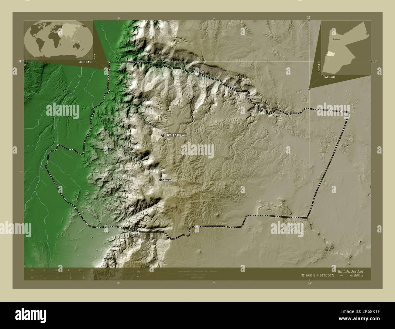 Tafilah, province of Jordan. Elevation map colored in wiki style with ...