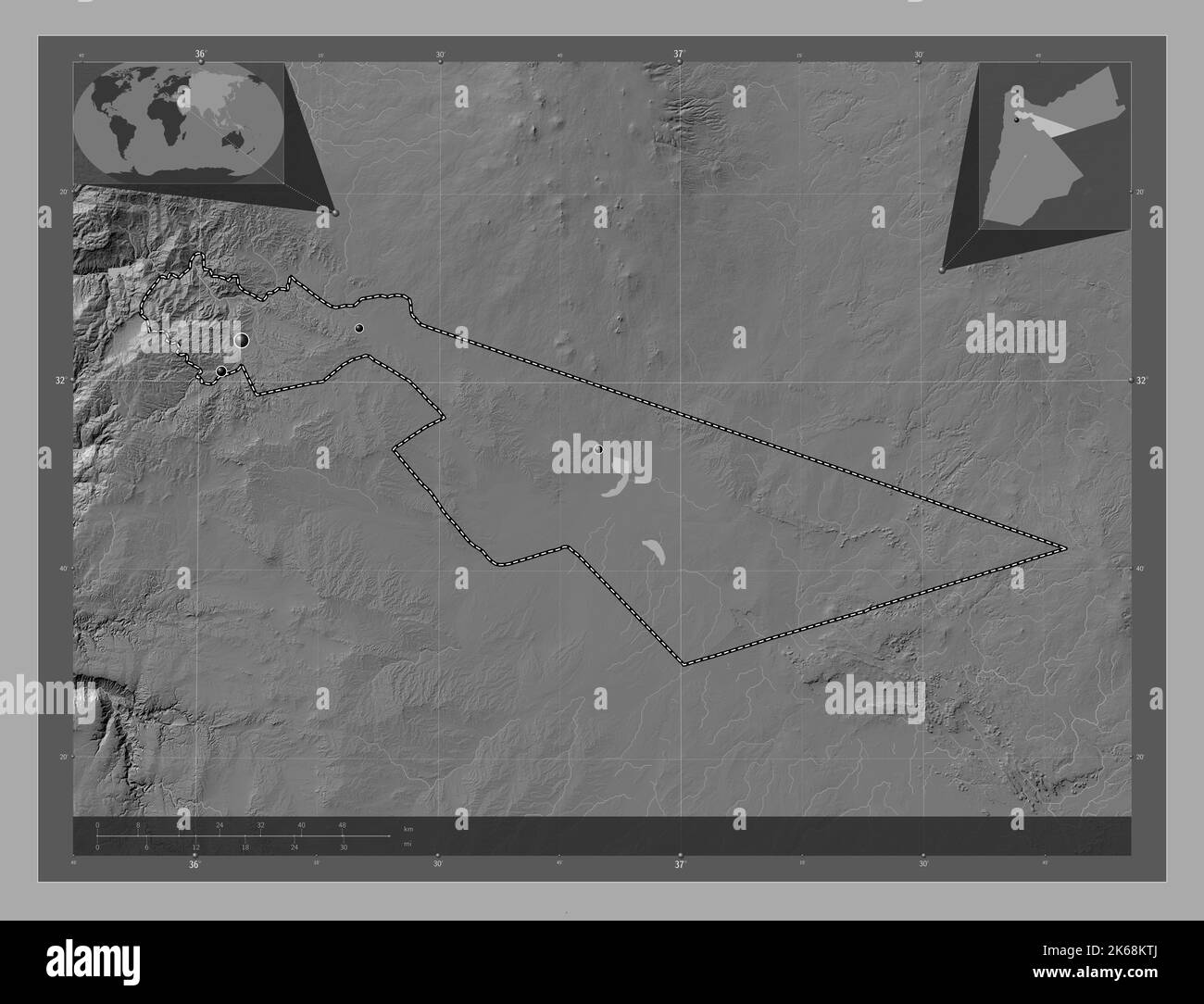 Zarqa, province of Jordan. Bilevel elevation map with lakes and rivers ...