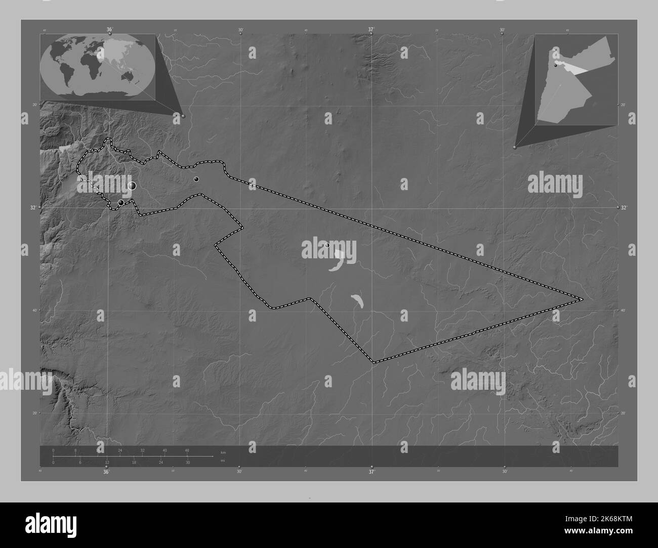 Zarqa, province of Jordan. Grayscale elevation map with lakes and ...
