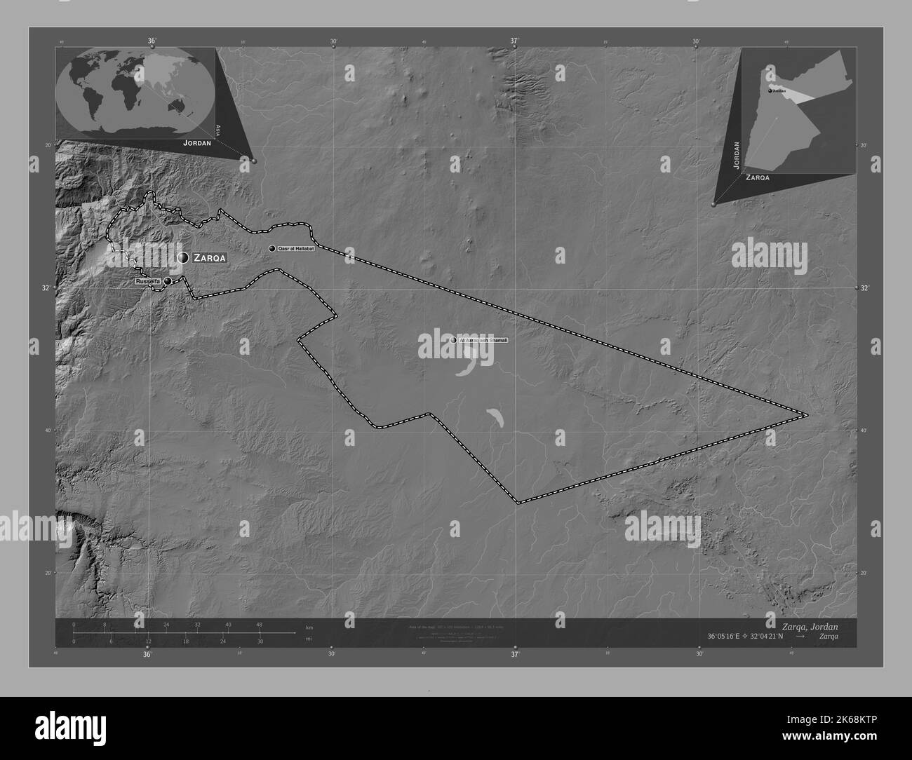 Zarqa, province of Jordan. Bilevel elevation map with lakes and rivers ...