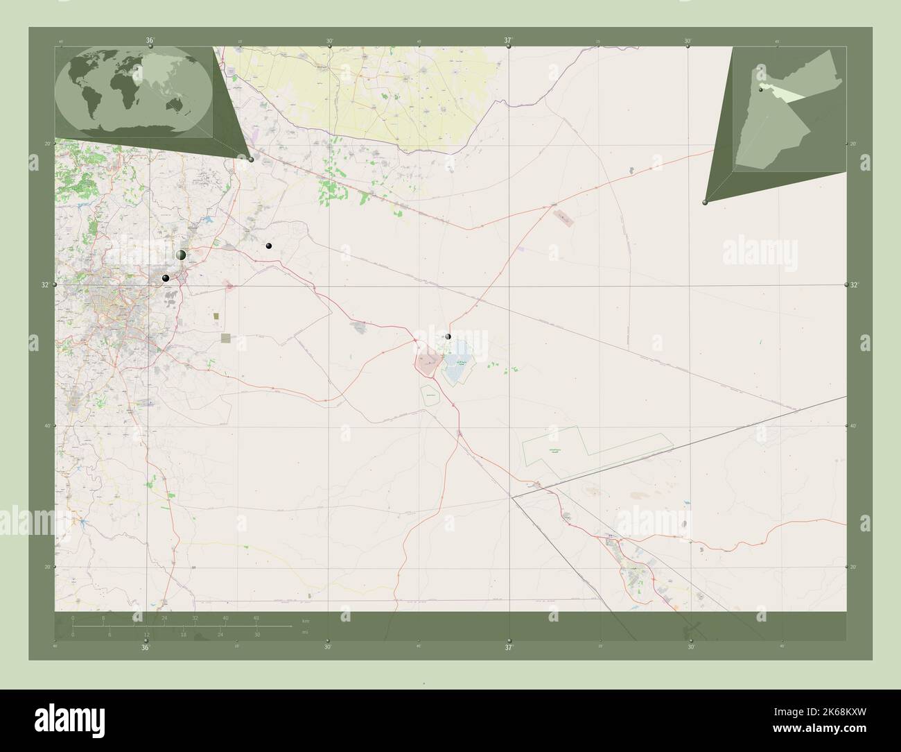 Zarqa, province of Jordan. Open Street Map. Locations of major cities ...