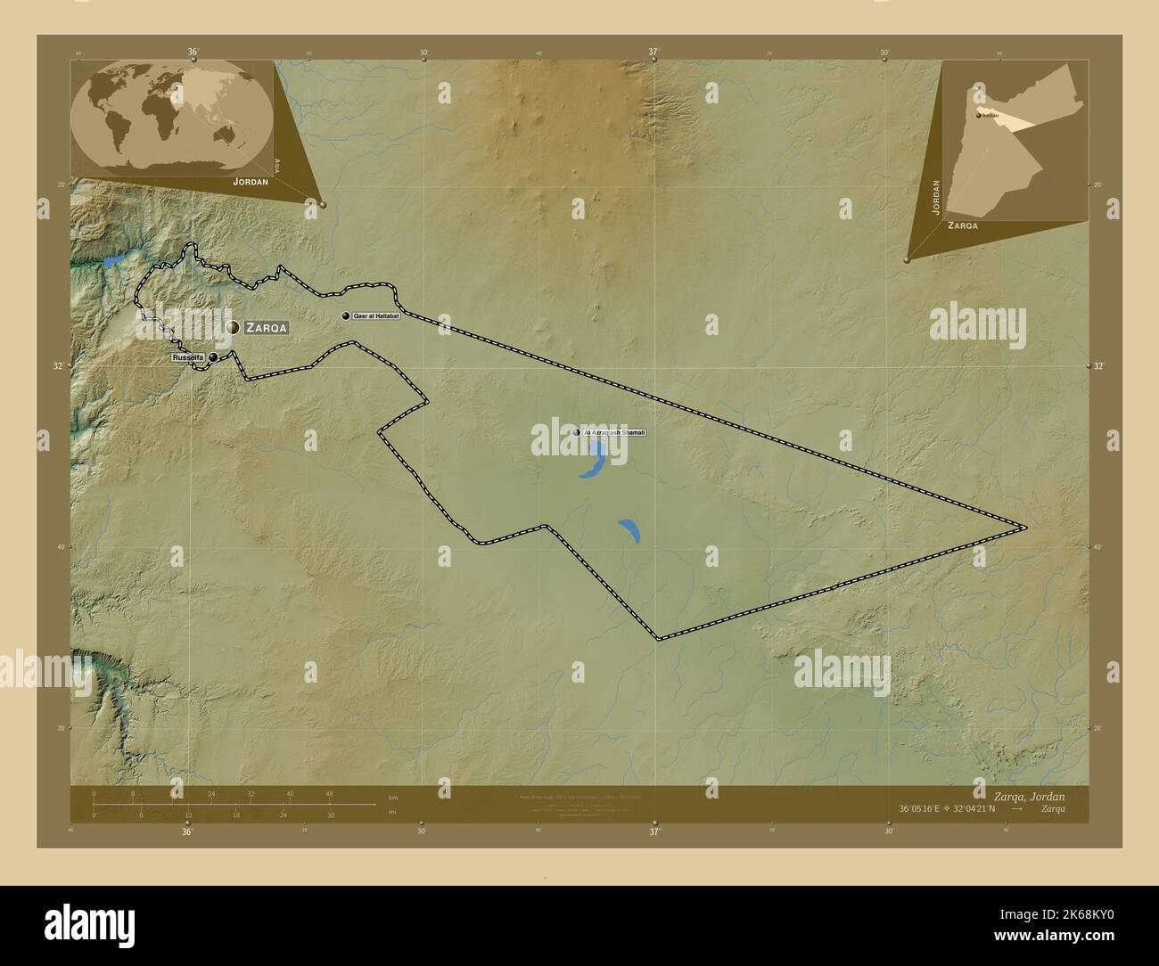 Zarqa, province of Jordan. Colored elevation map with lakes and rivers ...