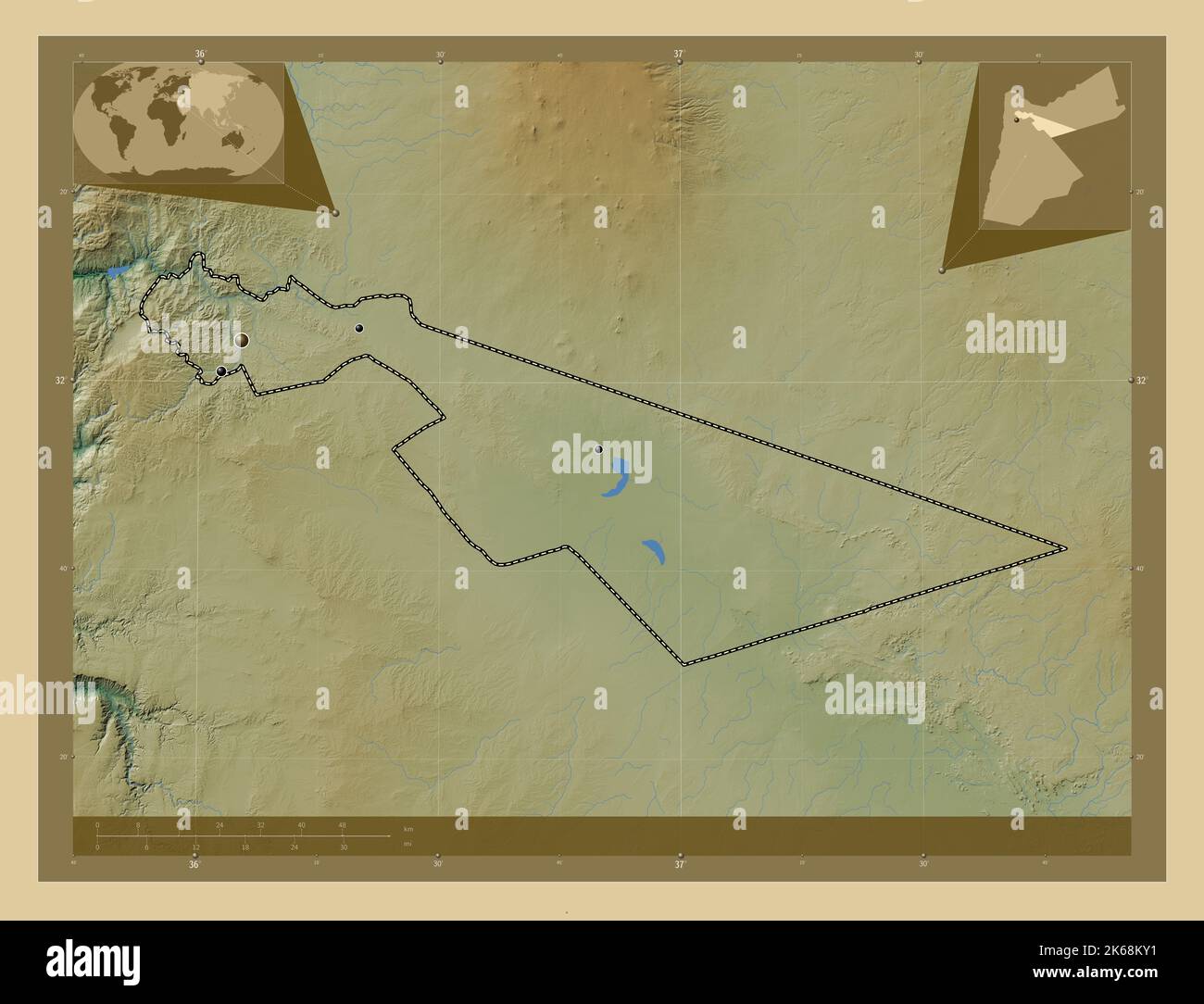 Zarqa, province of Jordan. Colored elevation map with lakes and rivers ...