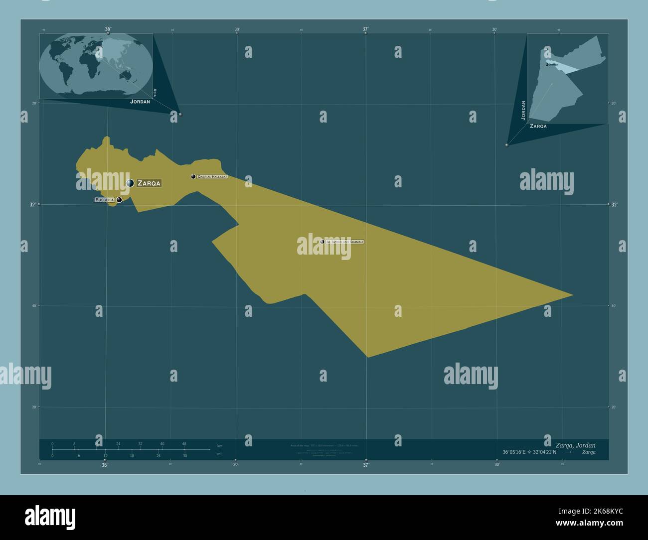 Zarqa, province of Jordan. Solid color shape. Locations and names of ...