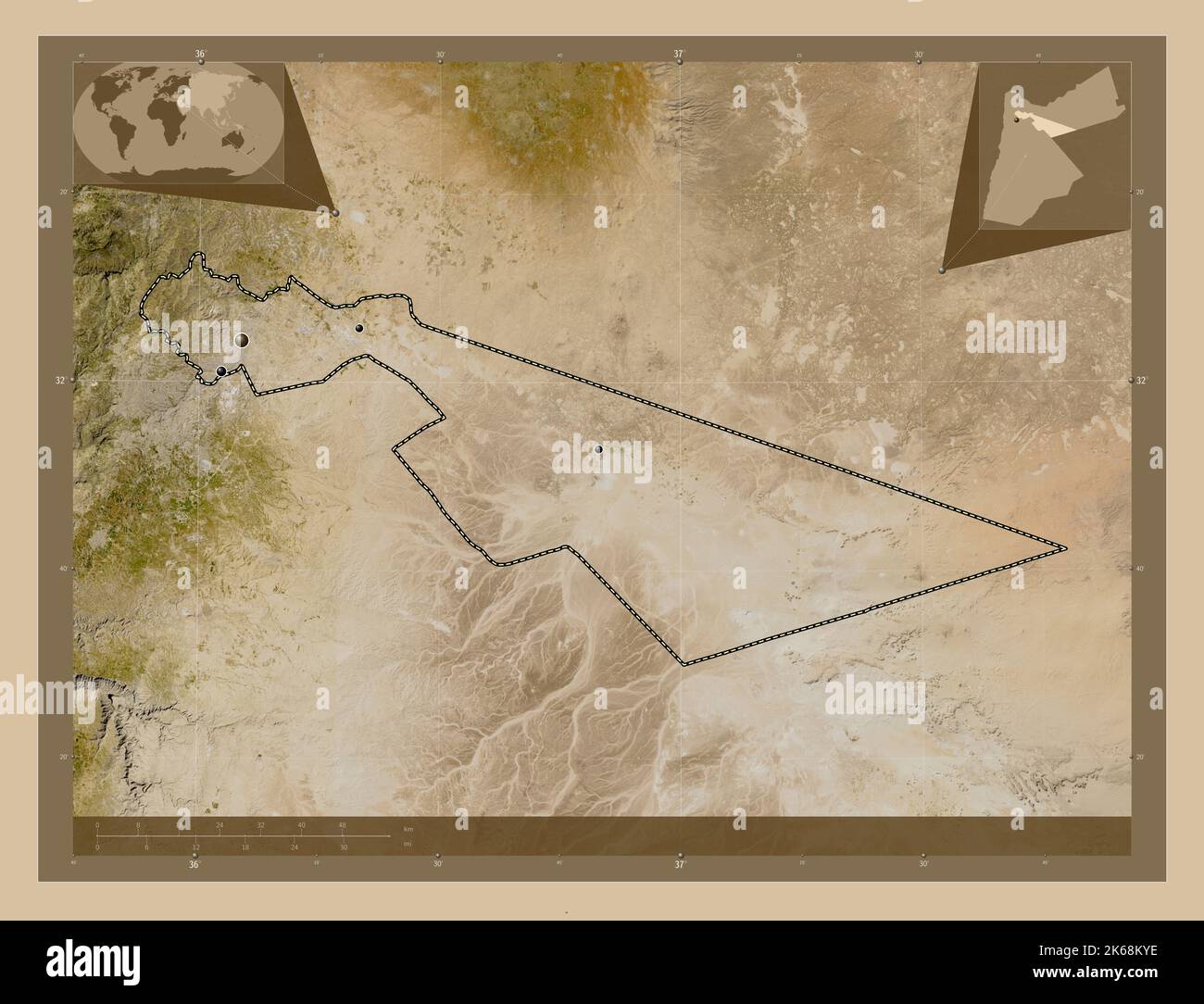 Zarqa, province of Jordan. Low resolution satellite map. Locations of ...