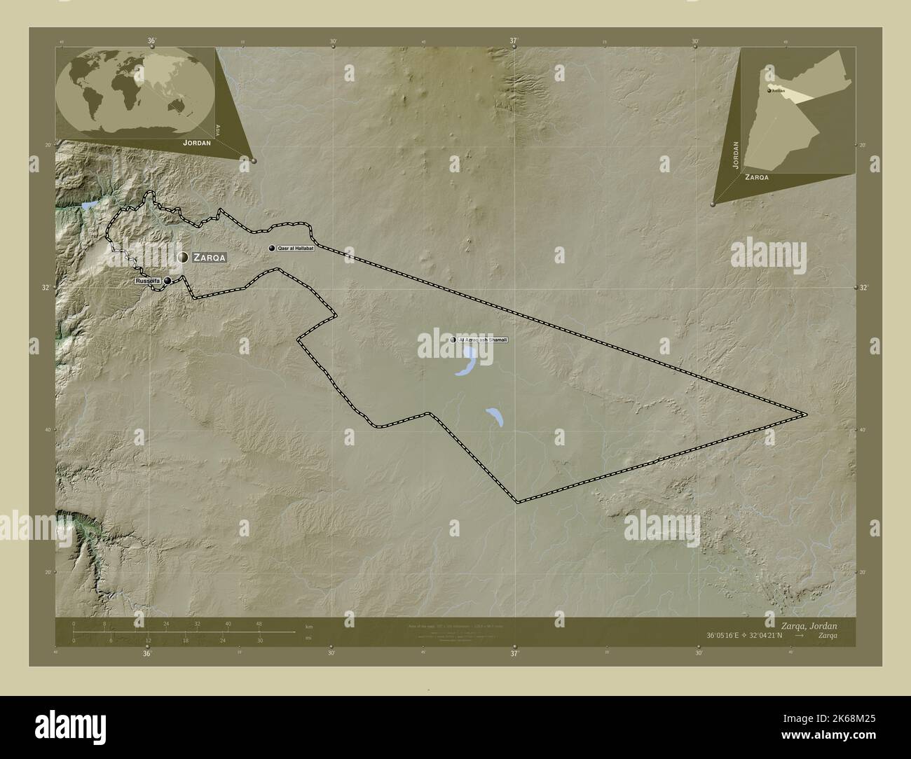 Zarqa, province of Jordan. Elevation map colored in wiki style with ...
