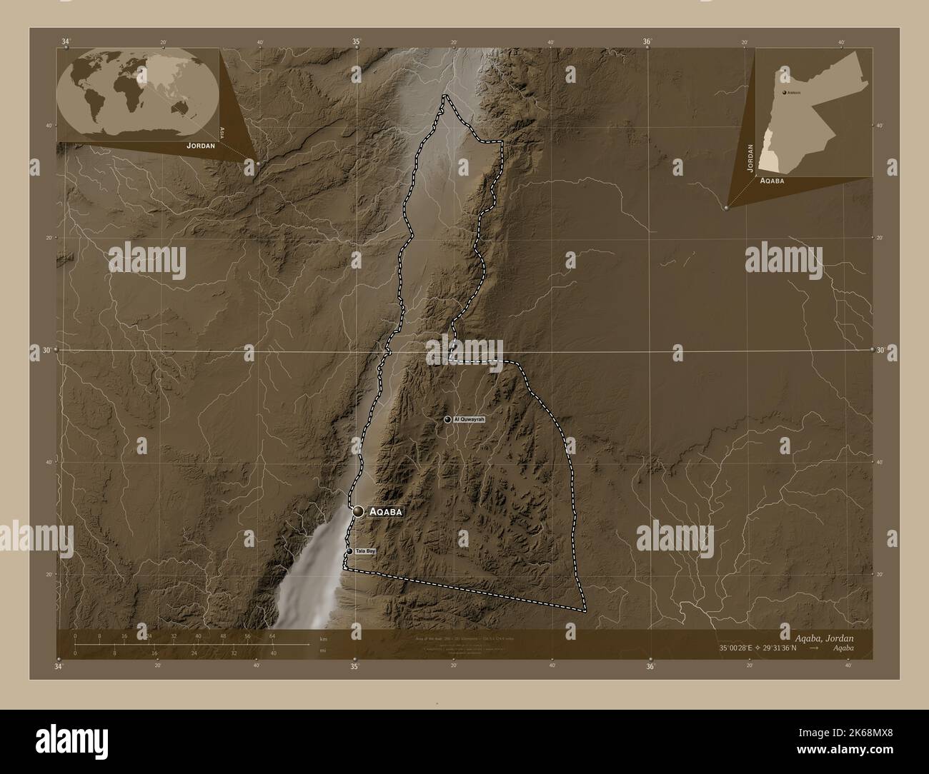 Aqaba, province of Jordan. Elevation map colored in sepia tones with ...