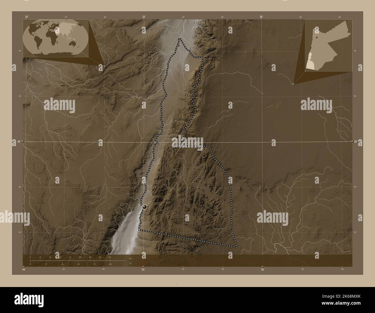 Aqaba, province of Jordan. Elevation map colored in sepia tones with ...