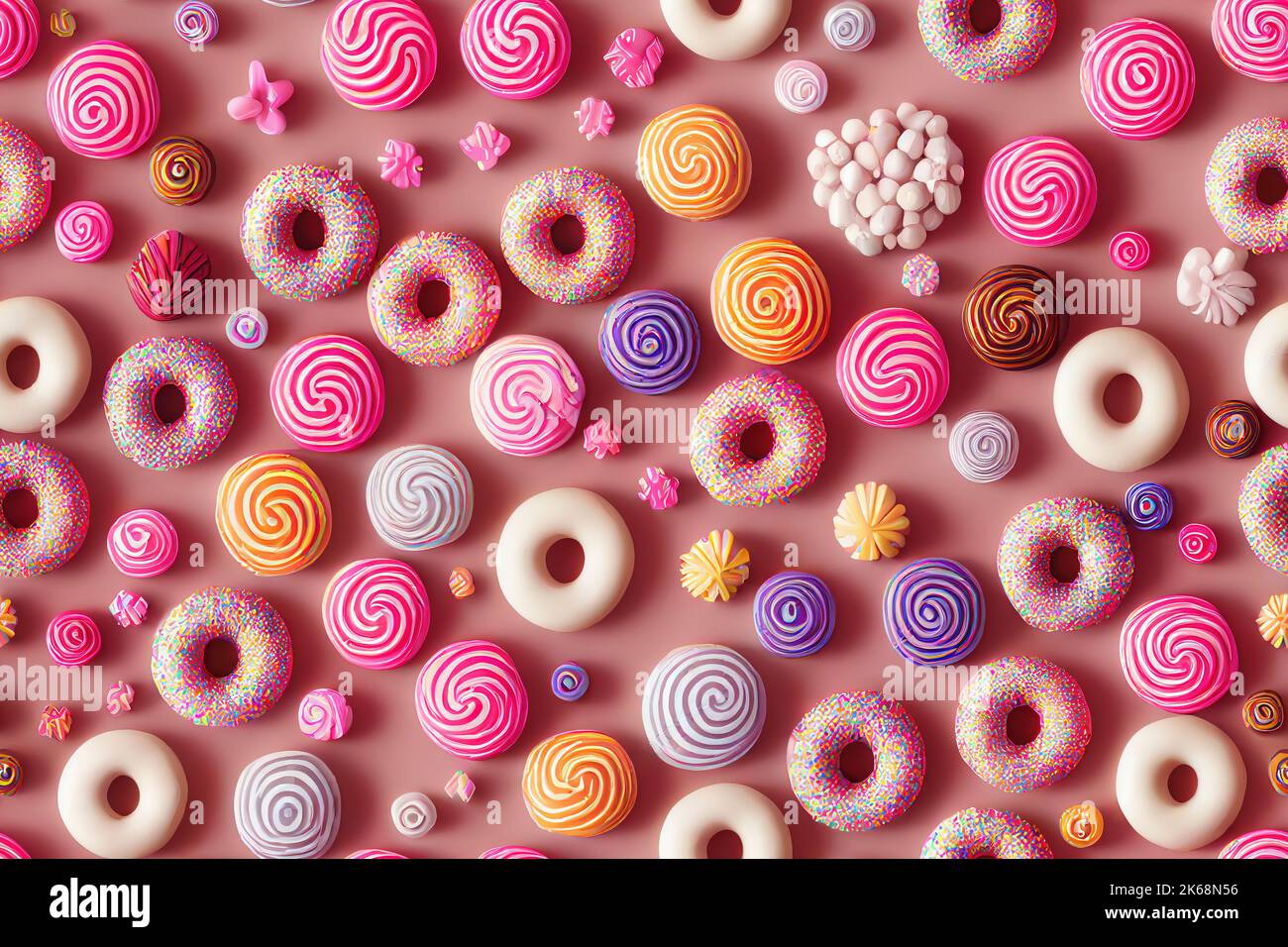 Illustration, Donuts in rows of colors and tasty flavors. creative ...