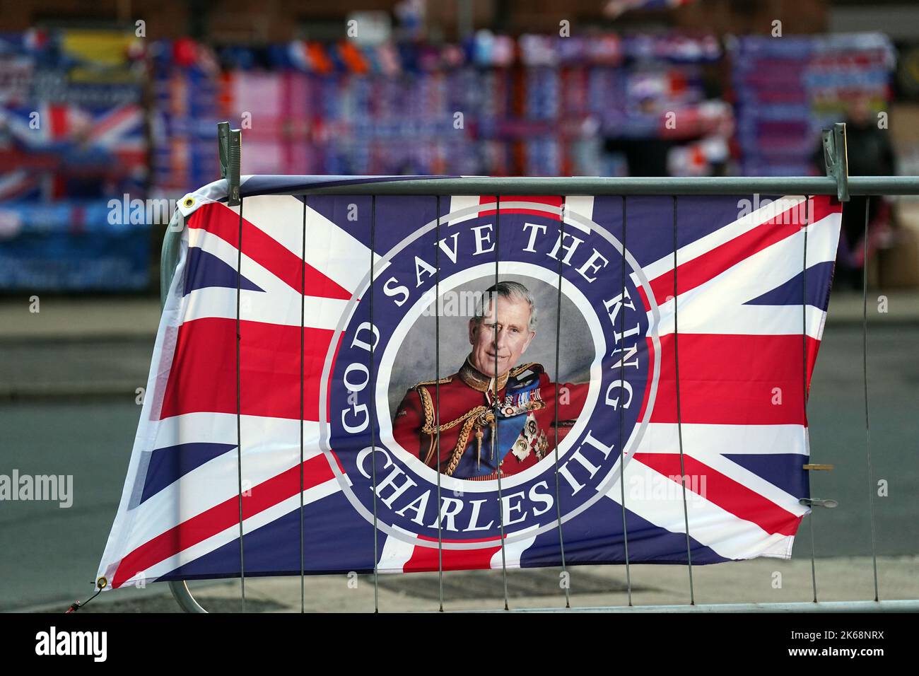 A flag featuring King Charles III outside the ground ahead of the UEFA ...