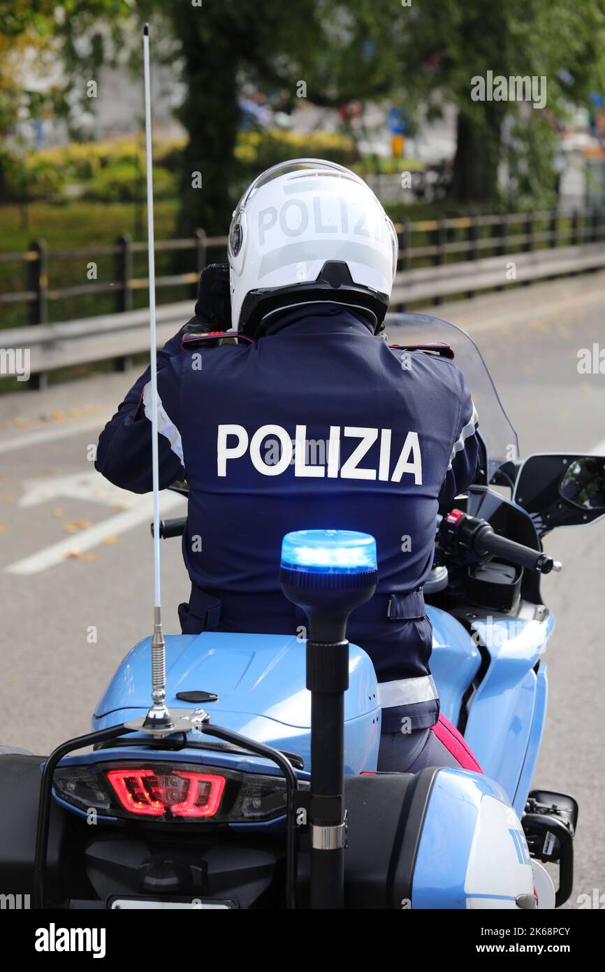 Vicenza, VI, Italy - October 9, 2022: biker policeman and text POLIZIA ...