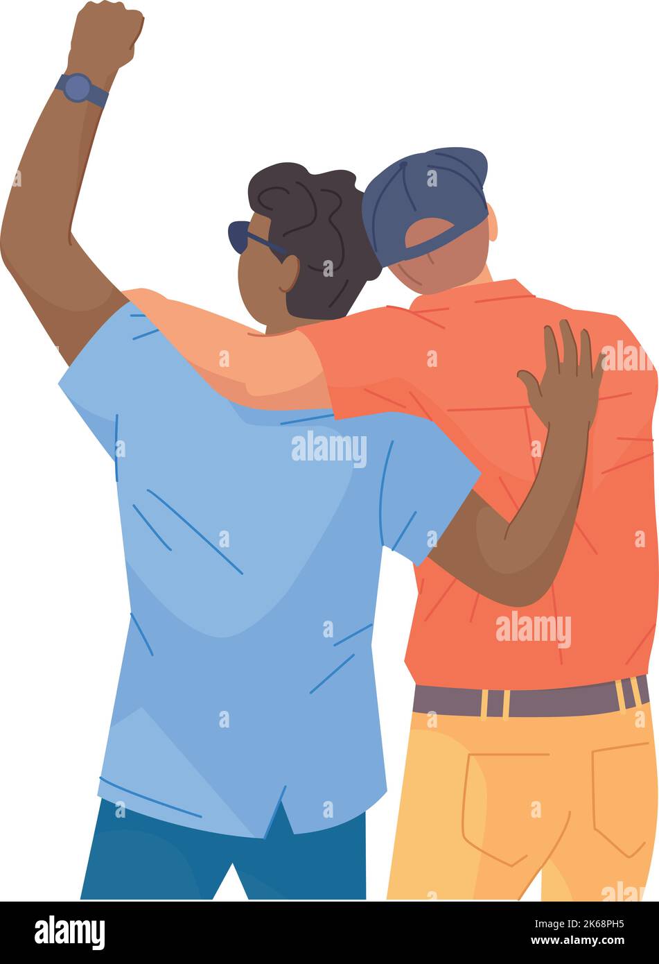 Men hugging together rear view. Happy friends isolated on white ...