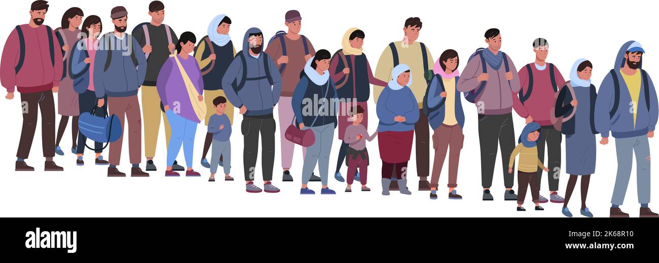 People waiting in line. Migrant queue. Refugees crowd isolated on white ...