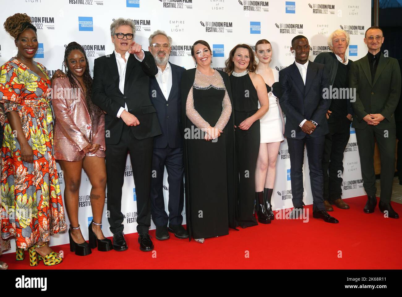 Colin Firth (centre-left), Sam Mendes (centre) and Olivia Colman ...