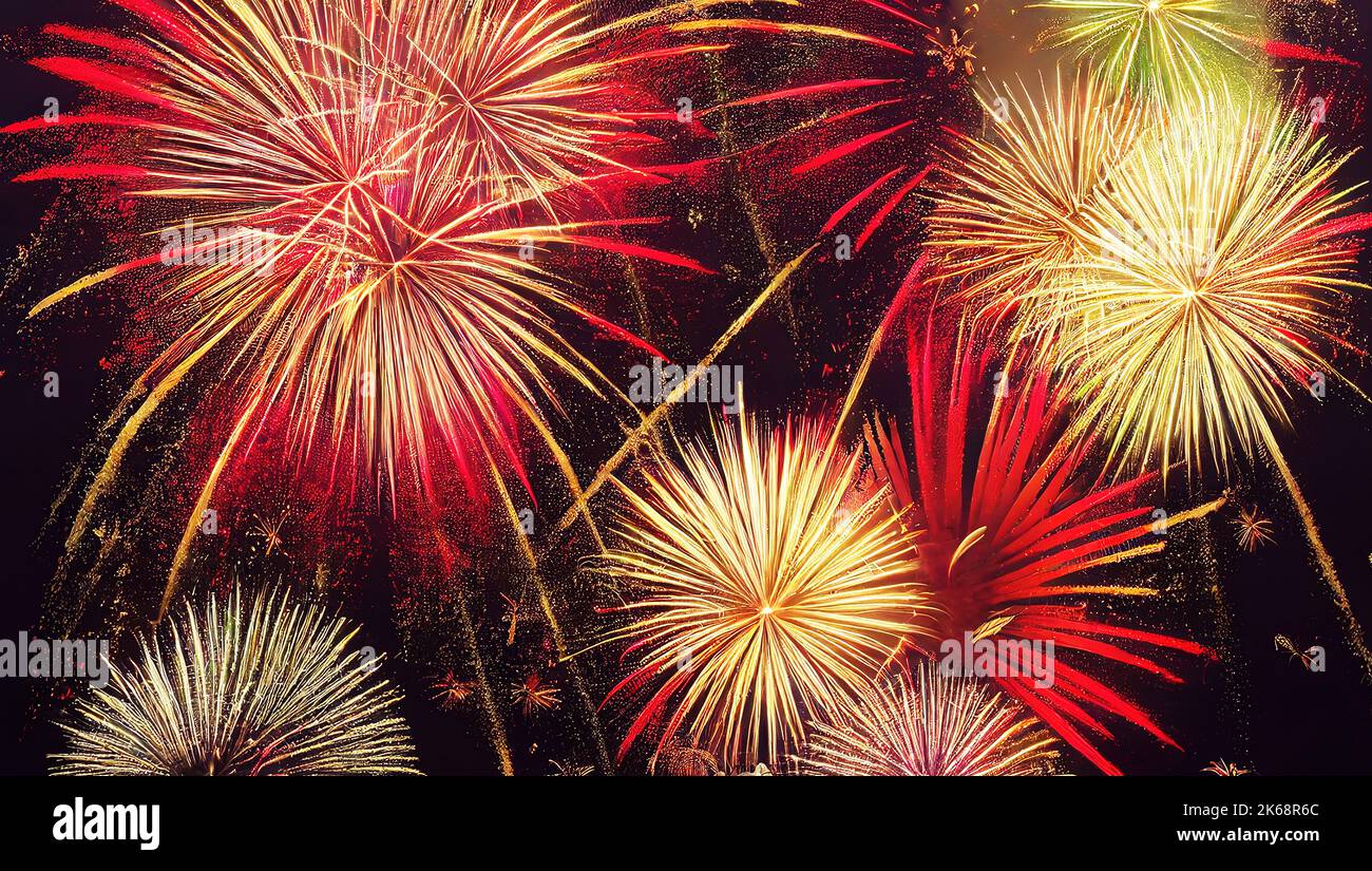 An illustration of red and yellow fireworks with a black background ...
