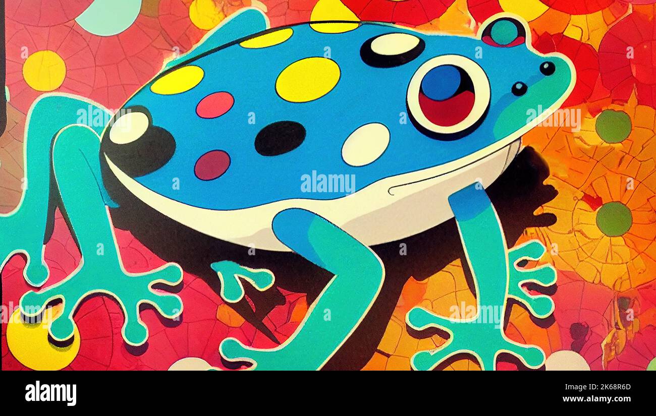 An abstract illustration of a blue frog with colorful dots and multiple ...
