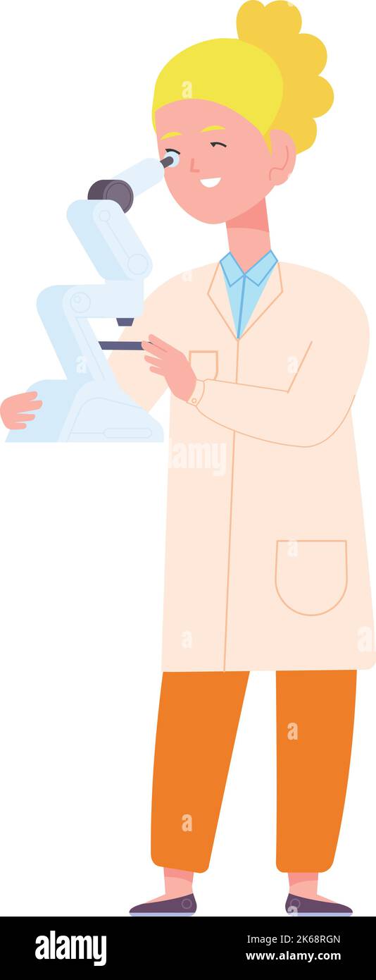 Woman look into microscope. Cute cartoon scientist character isolated ...