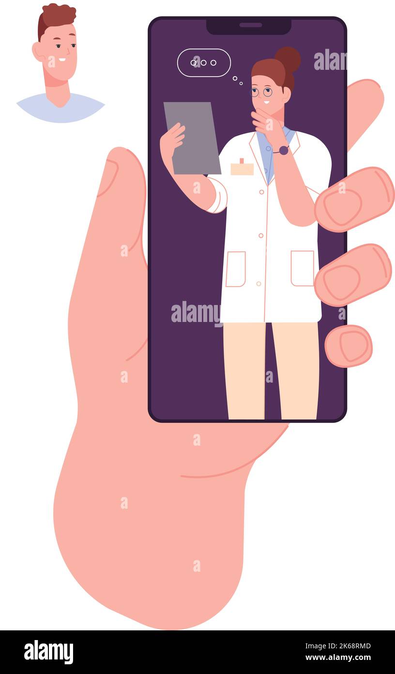 Virtual doctor app on smartphone screen in human hand isolated on white ...