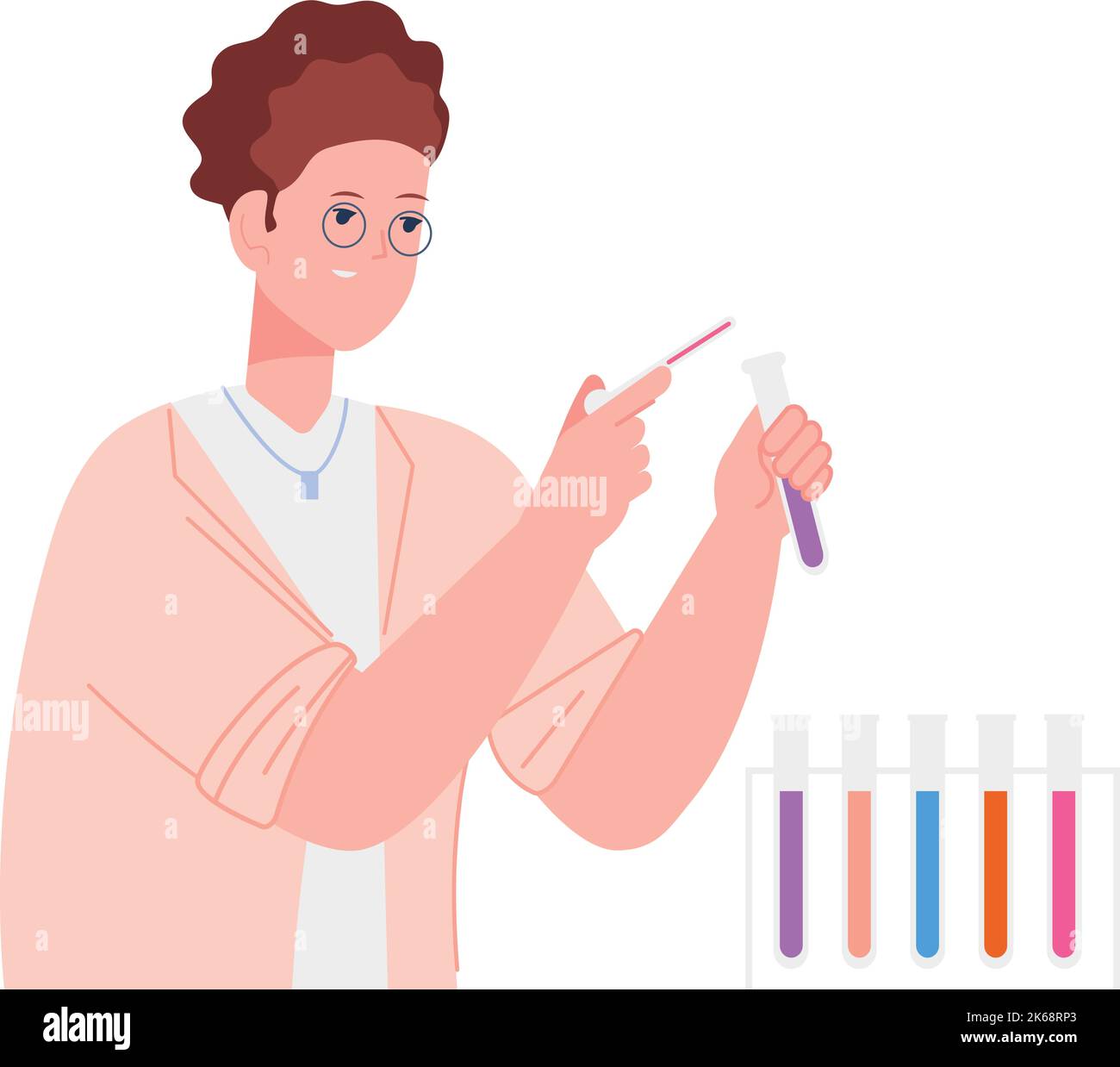 Female scientist making chemical test with lab glass tubes isolated on ...