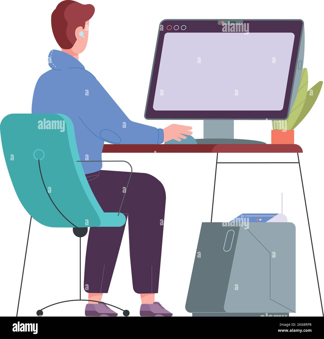 Remote Workplace Man Working At Computer Freelancer Character