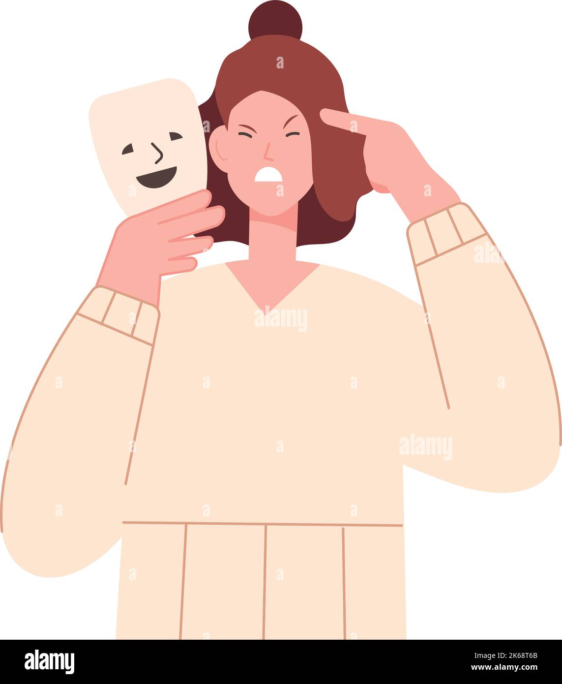Angry woman with smiling mask. Emotion hiding. Fake personality ...