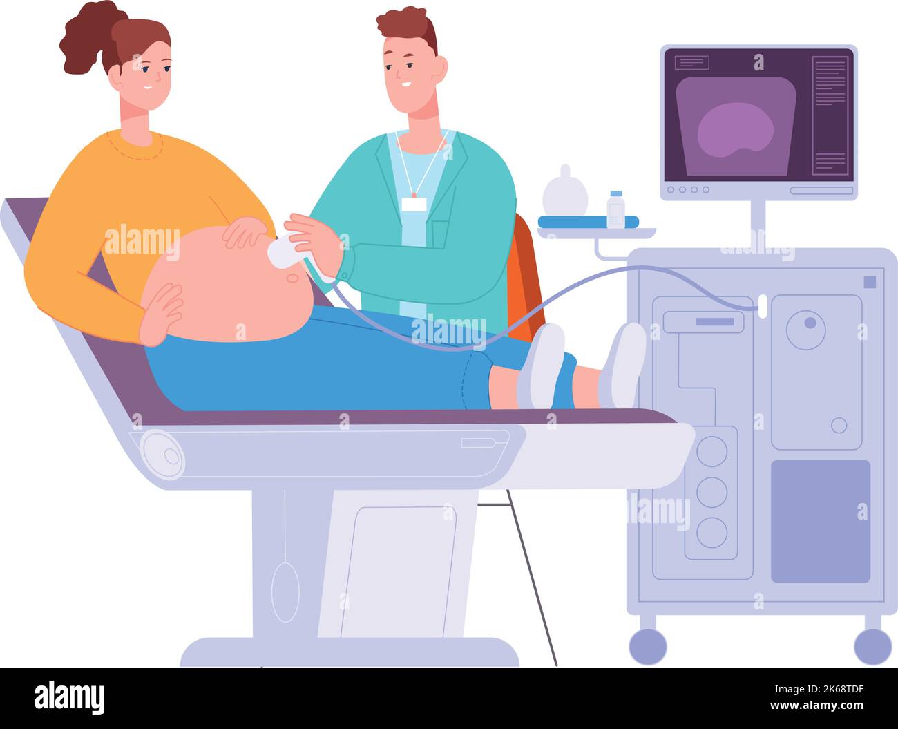 Pregnant woman on ultrasound exam. Doctor scan belly isolated on white background Stock Vector ...