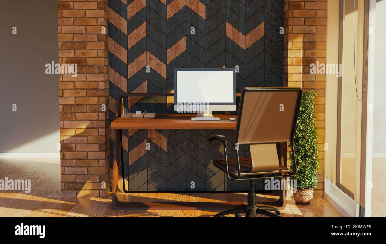 The interior of modern room with comfortable workplace and a monitor ...