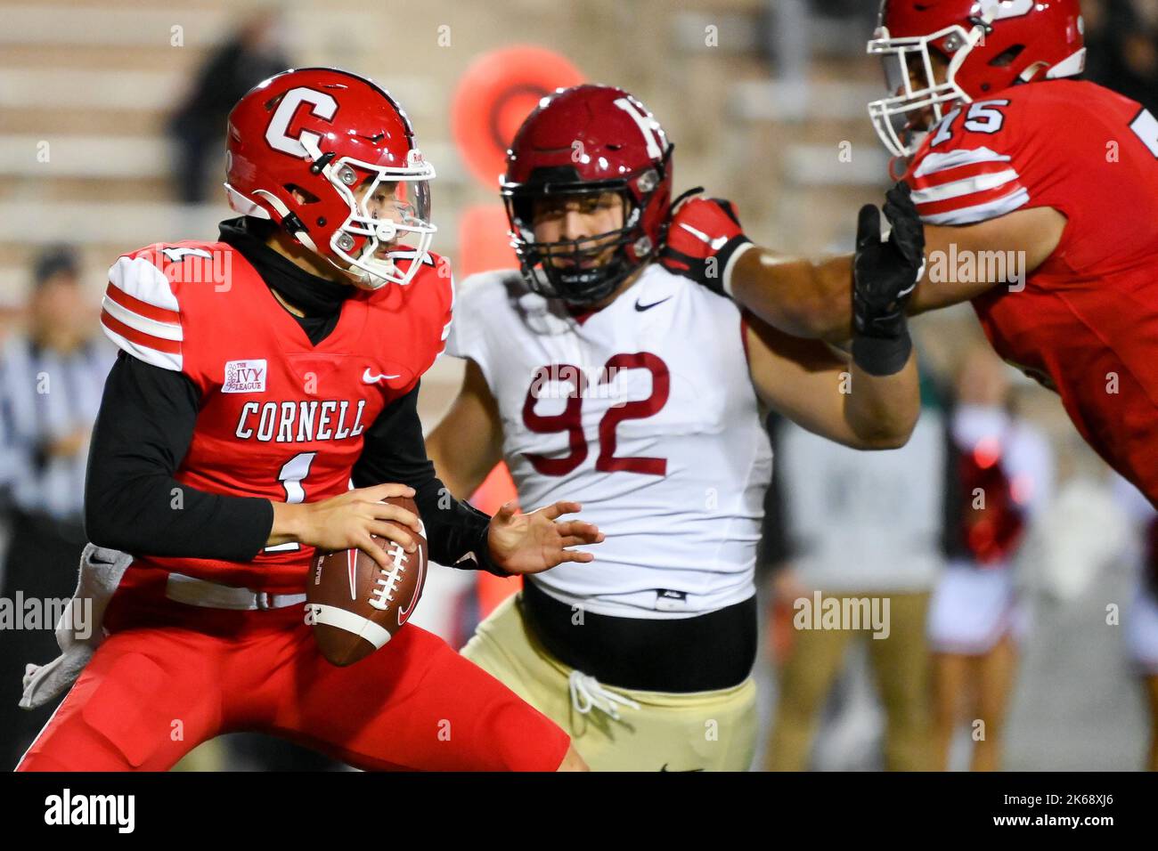 October 7, 2022: Cornell Big Red quarterback Jameson Wang (1) drops back to pass as Harvard ...