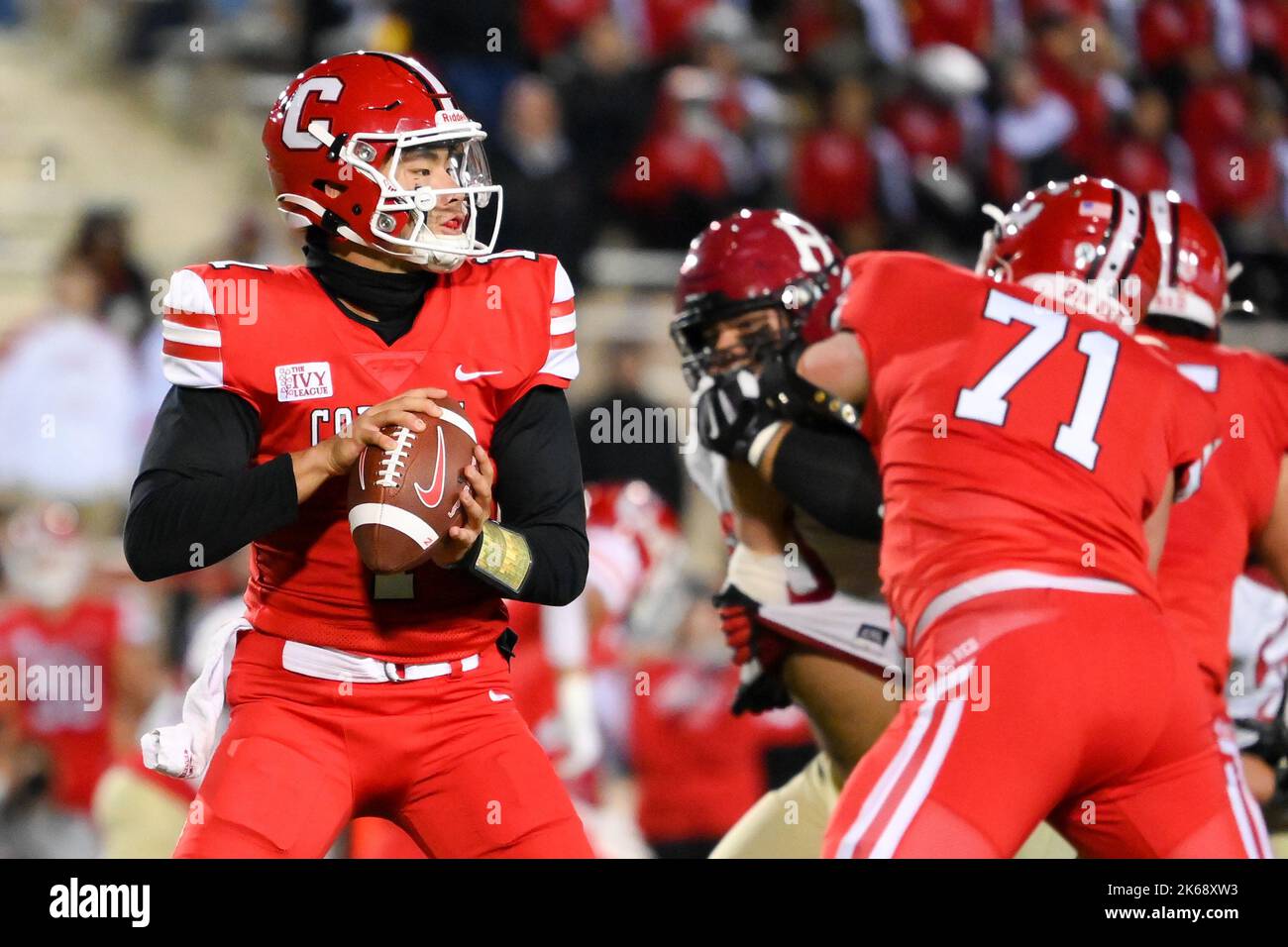 October 7, 2022: Cornell Big Red quarterback Jameson Wang (1) drops back to pass against the ...
