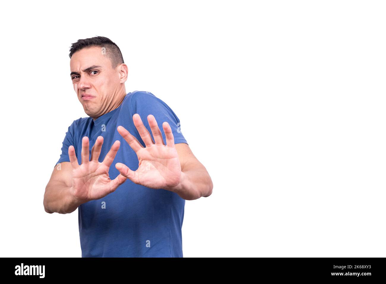 Portrait with copy space of a man rejecting something Stock Photo - Alamy