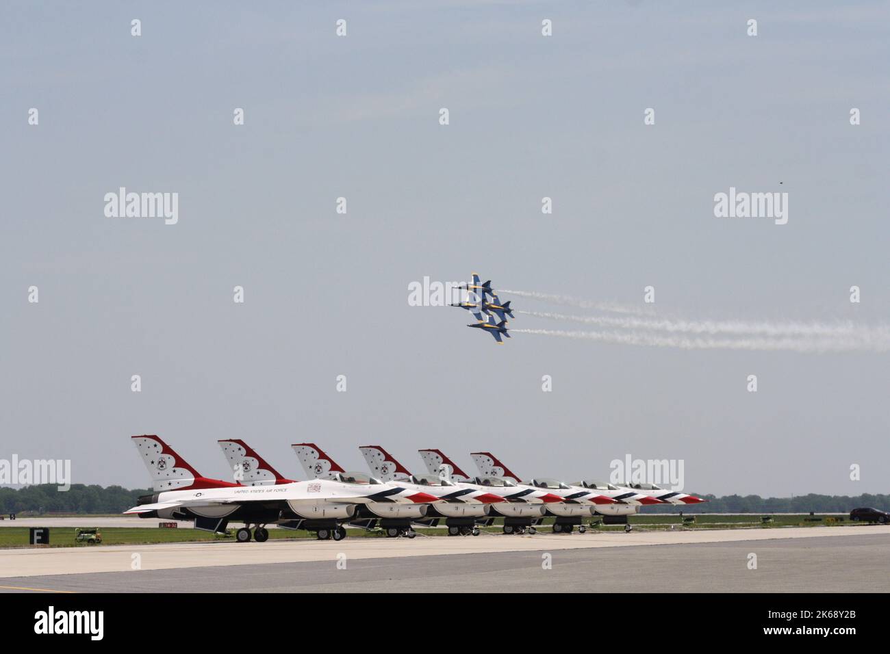 A US Navy Blue Angels flying over the US Air Force Thunderbirds Stock ...