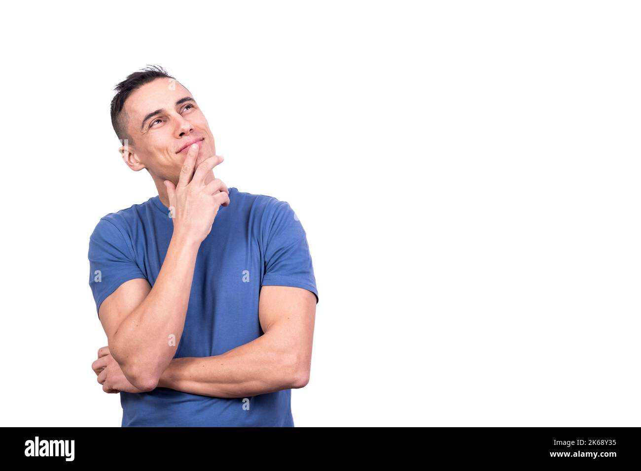 Photo with copy space of a man thinking happily Stock Photo - Alamy