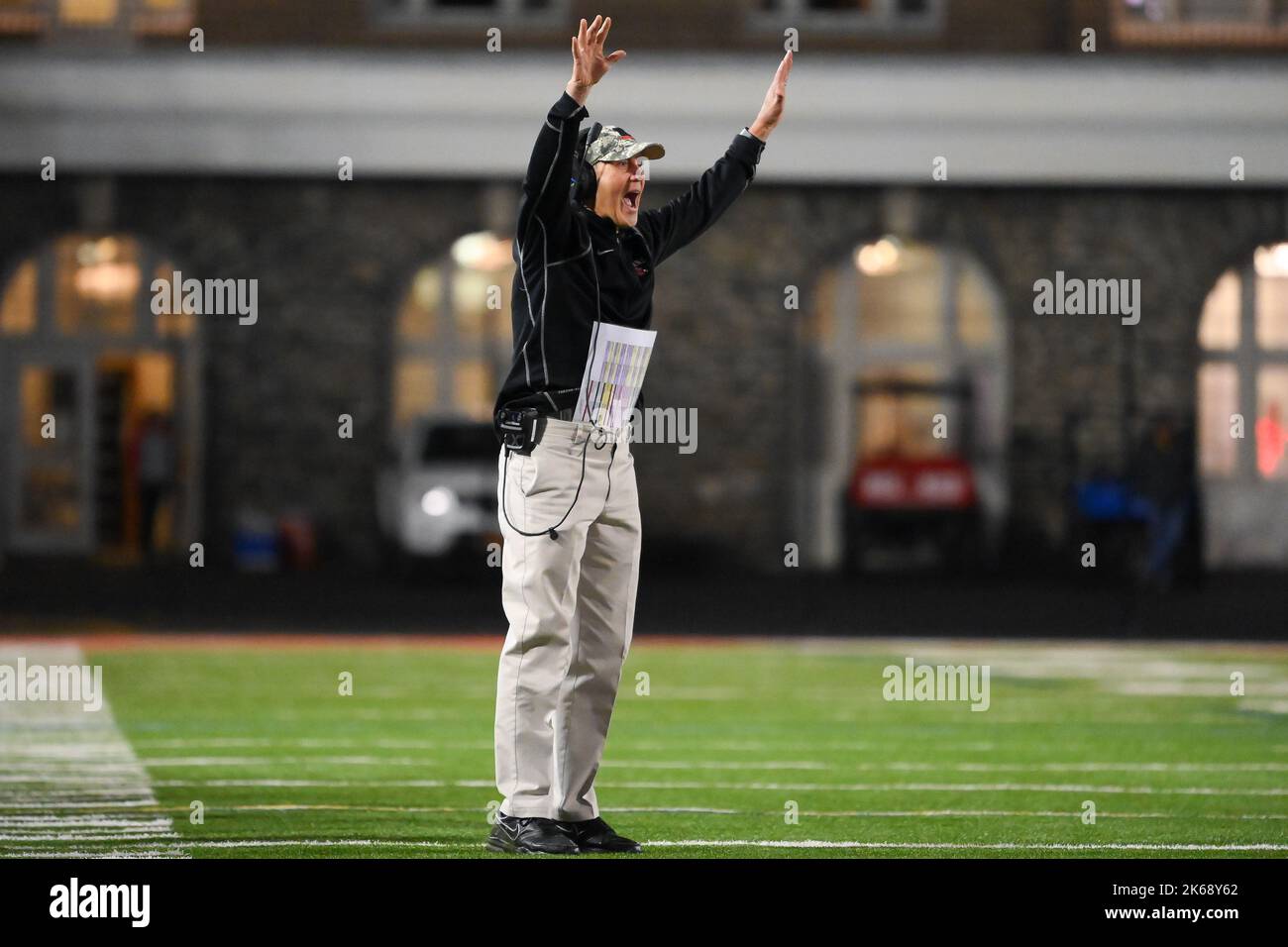 October 7, 2022: Harvard Crimson head coach Tim Murphy reacts to a call ...
